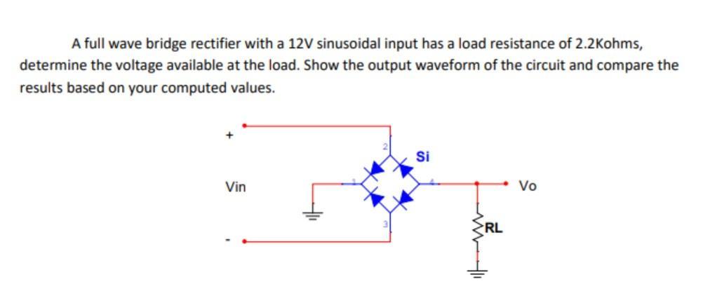 Solved A full wave bridge rectifier with a 12V sinusoidal | Chegg.com
