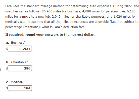Solved Lara uses the standard mileage method for determining | Chegg.com