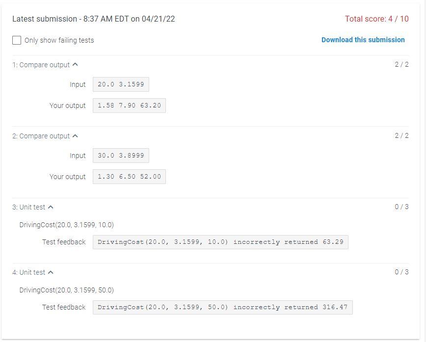 Solved 623 Lab Driving Cost Functions Write A Function 7434