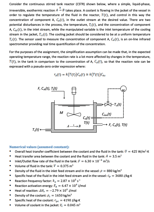 Solved k Consider the continuous stirred tank reactor (CSTR) | Chegg.com