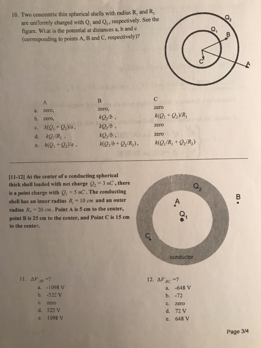 Solved 10. Two concentric thin spherical shells with radius | Chegg.com