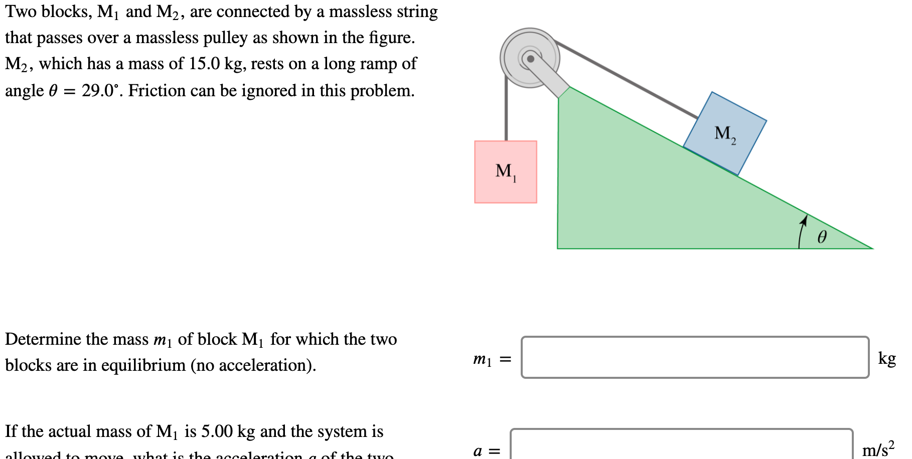 Solved Two blocks, M1 and M2, are connected by a massless | Chegg.com