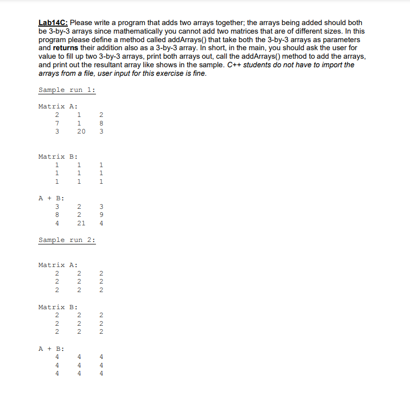 Solved Lab14c Please Write A Program That Adds Two Arrays 7269