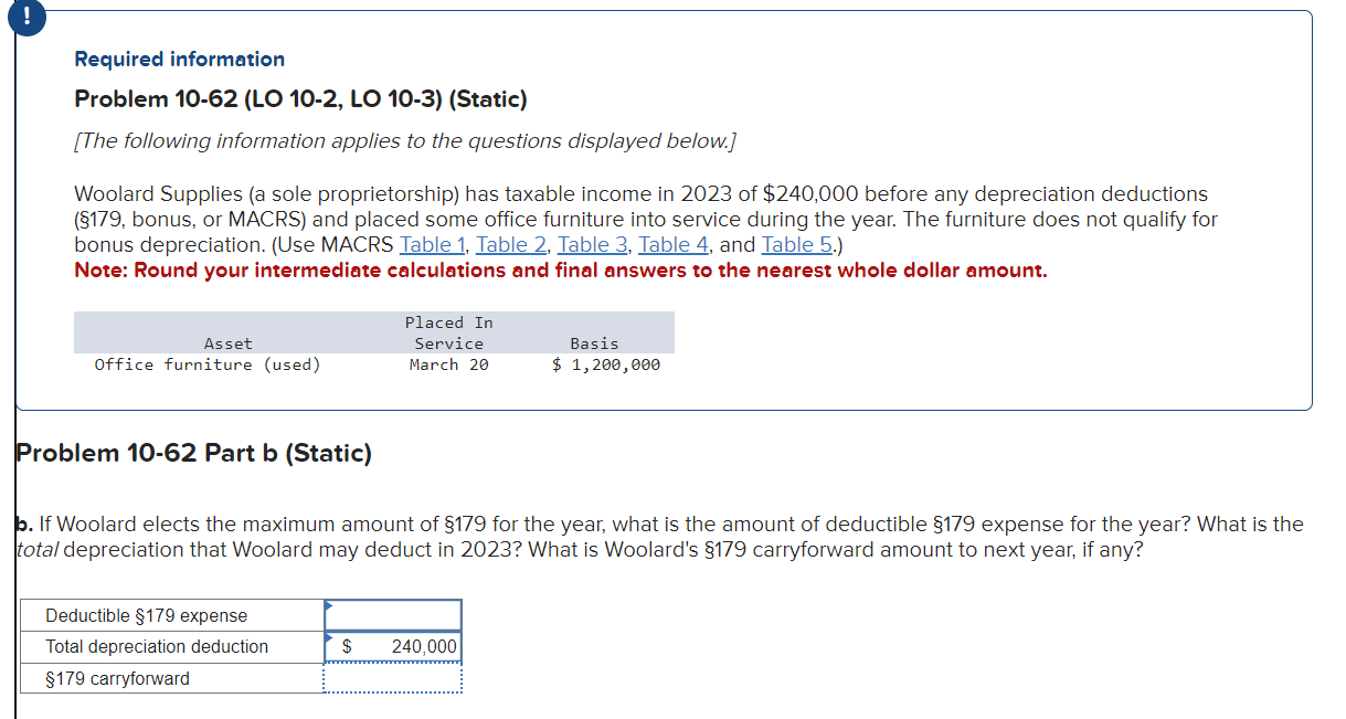 Solved Required information Problem 10-62 (LO 10-2, LO 10-3) | Chegg.com