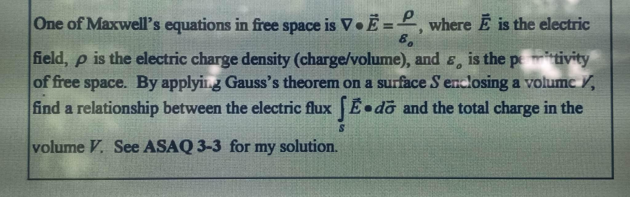 Solved One of Maxwell's equations in free space is ∇∙E=ε0ρ, | Chegg.com