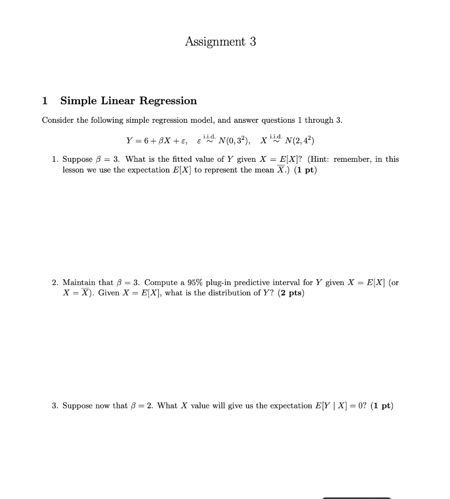 Assignment 3 1 Simple Linear Regression Consider the | Chegg.com