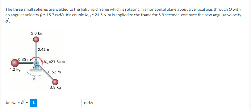 Solved The three small spheres are welded to the light rigid | Chegg.com