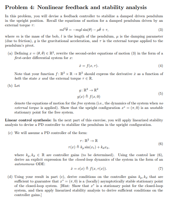 Solved Problem 4: Nonlinear feedback and stability analysis | Chegg.com
