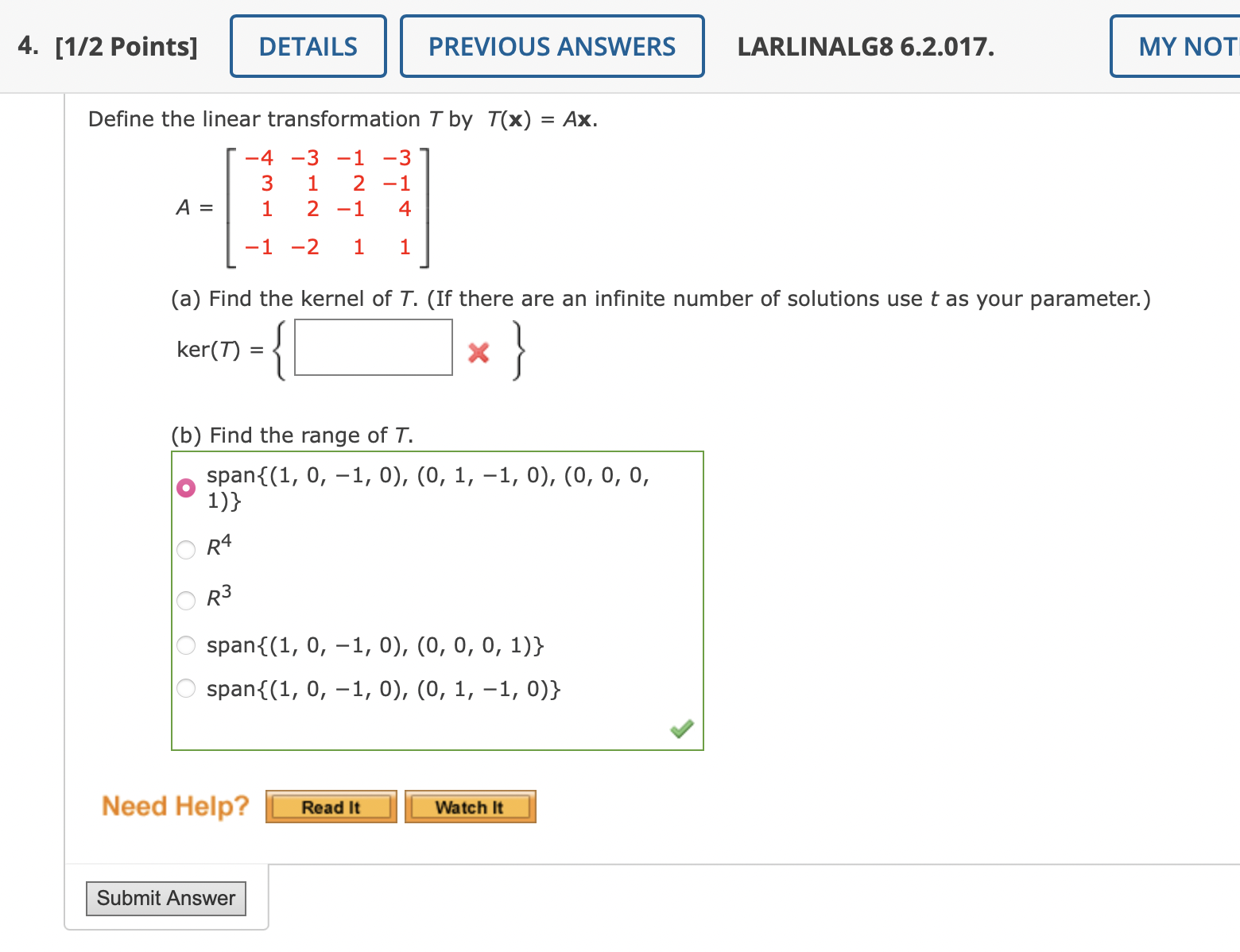 Solved Define the linear transformation T by T(x)=Ax. | Chegg.com