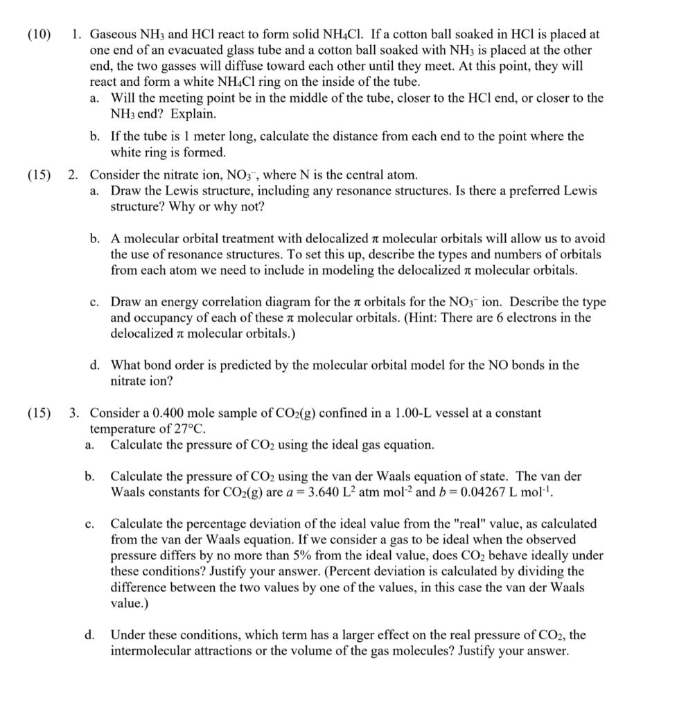 (10) 1. Gaseous NH3 and HCl react to form solid | Chegg.com