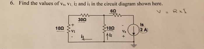 Solved 6. Find the values of Vs, V1, i2 and i in the circuit | Chegg.com