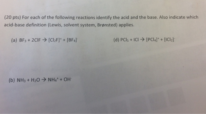 Solved (20 pts) For each of the following reactions identify | Chegg.com