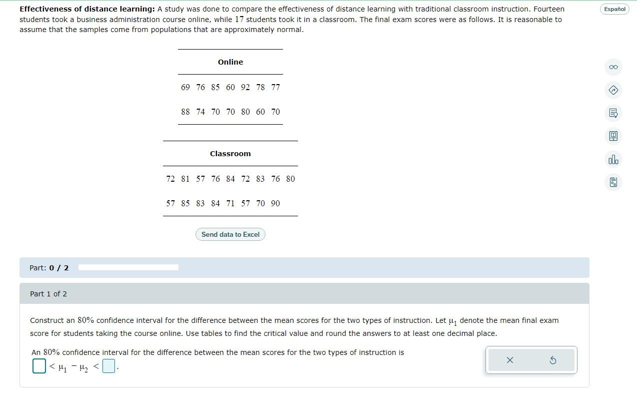 Solved Effectiveness of distance learning: A study was done | Chegg.com