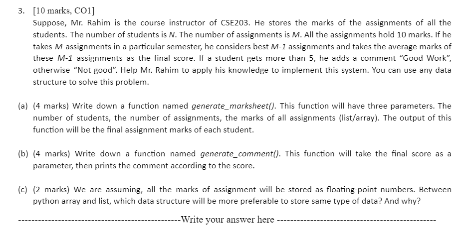 Solved 3. [10 marks, CO1] Suppose, Mr. Rahim is the course | Chegg.com
