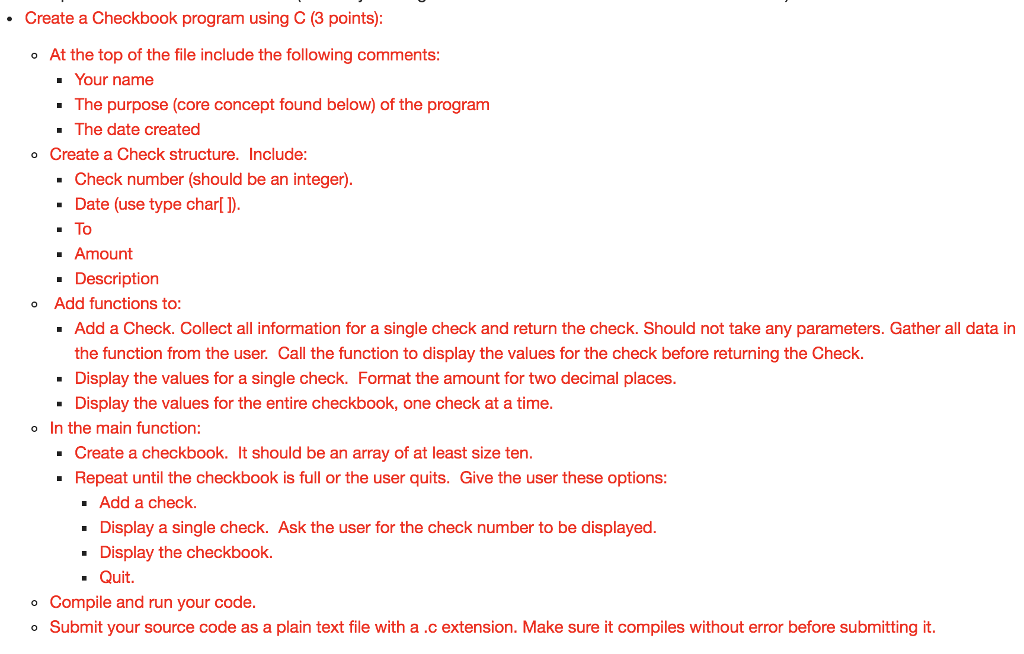 Solved Create a Checkbook program using C (3 points): At the | Chegg.com