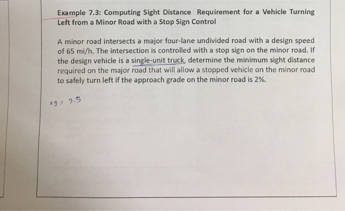 Solved Example 7.3: Computing Sight Distance Requirement for | Chegg.com