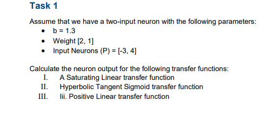 Solved Task 1 Assume that we have a two-input neuron with | Chegg.com