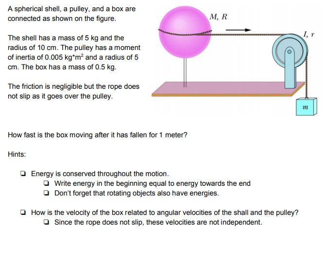 Solved A spherical shell, a pulley, and a box are connected | Chegg.com