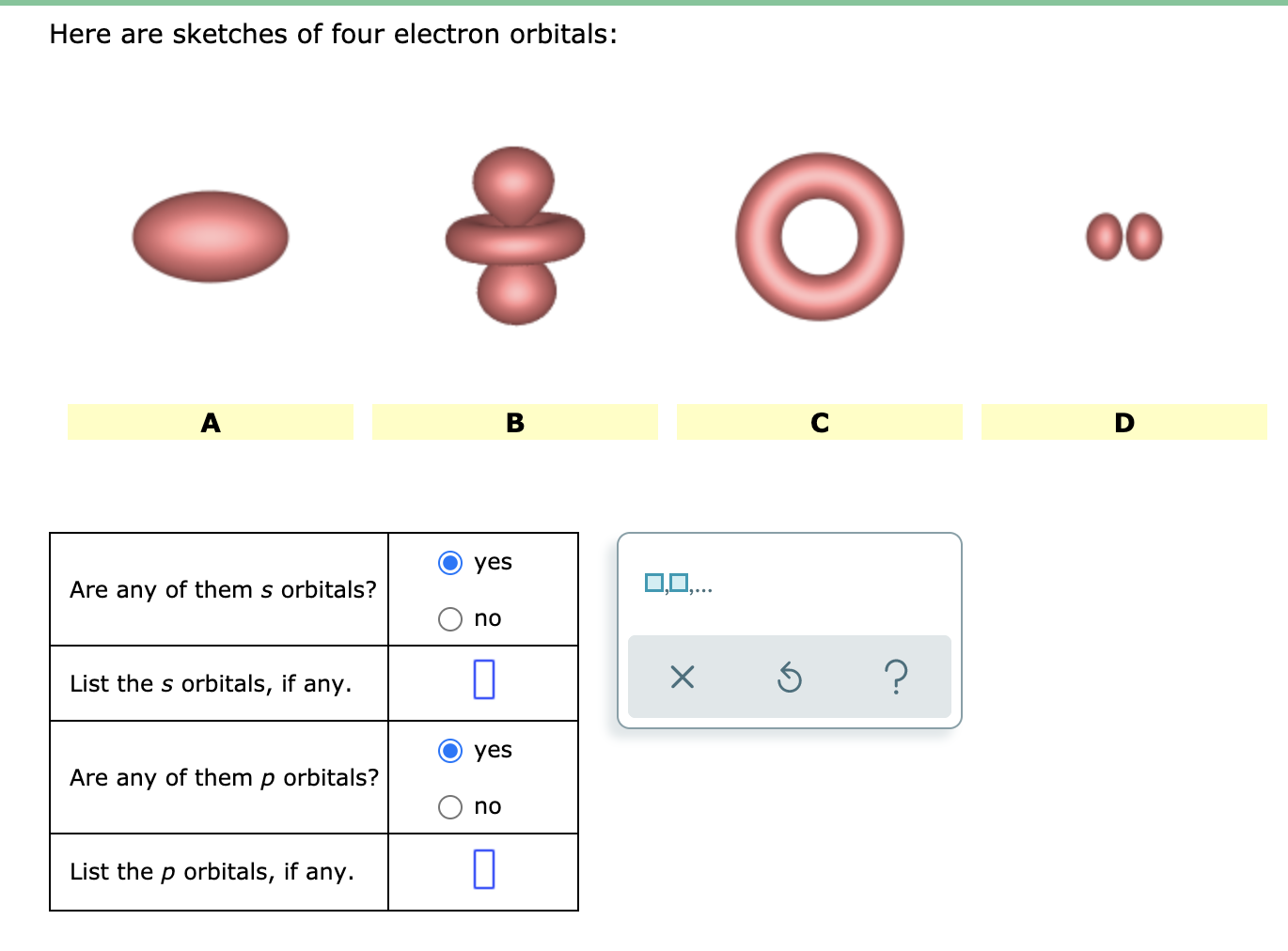 Solved Here are sketches of four electron orbitals: 8 00 A B | Chegg.com