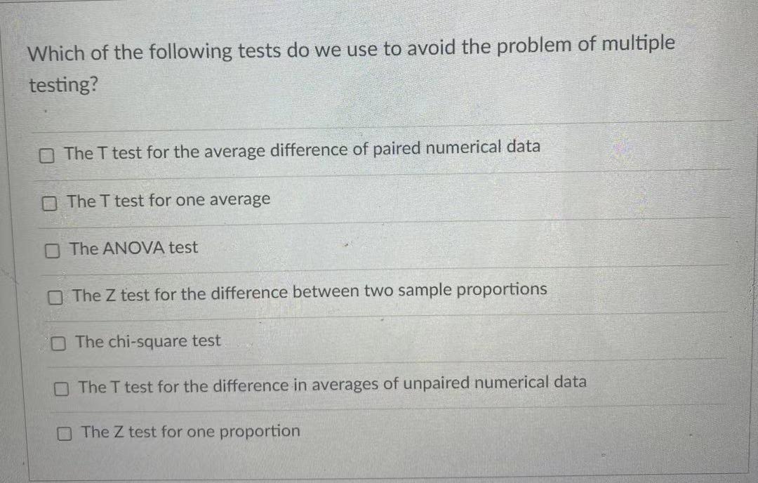 Solved Which of the following tests do we use to avoid the | Chegg.com