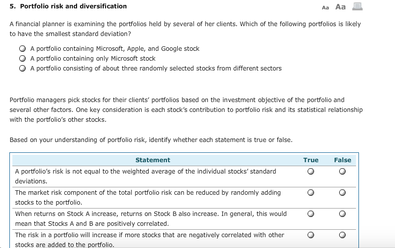 Solved 5. Portfolio risk and diversification a Aa A | Chegg.com