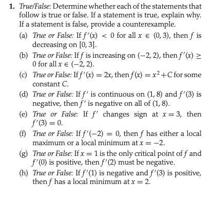 Solved 1. True/False: Determine whether each of the | Chegg.com