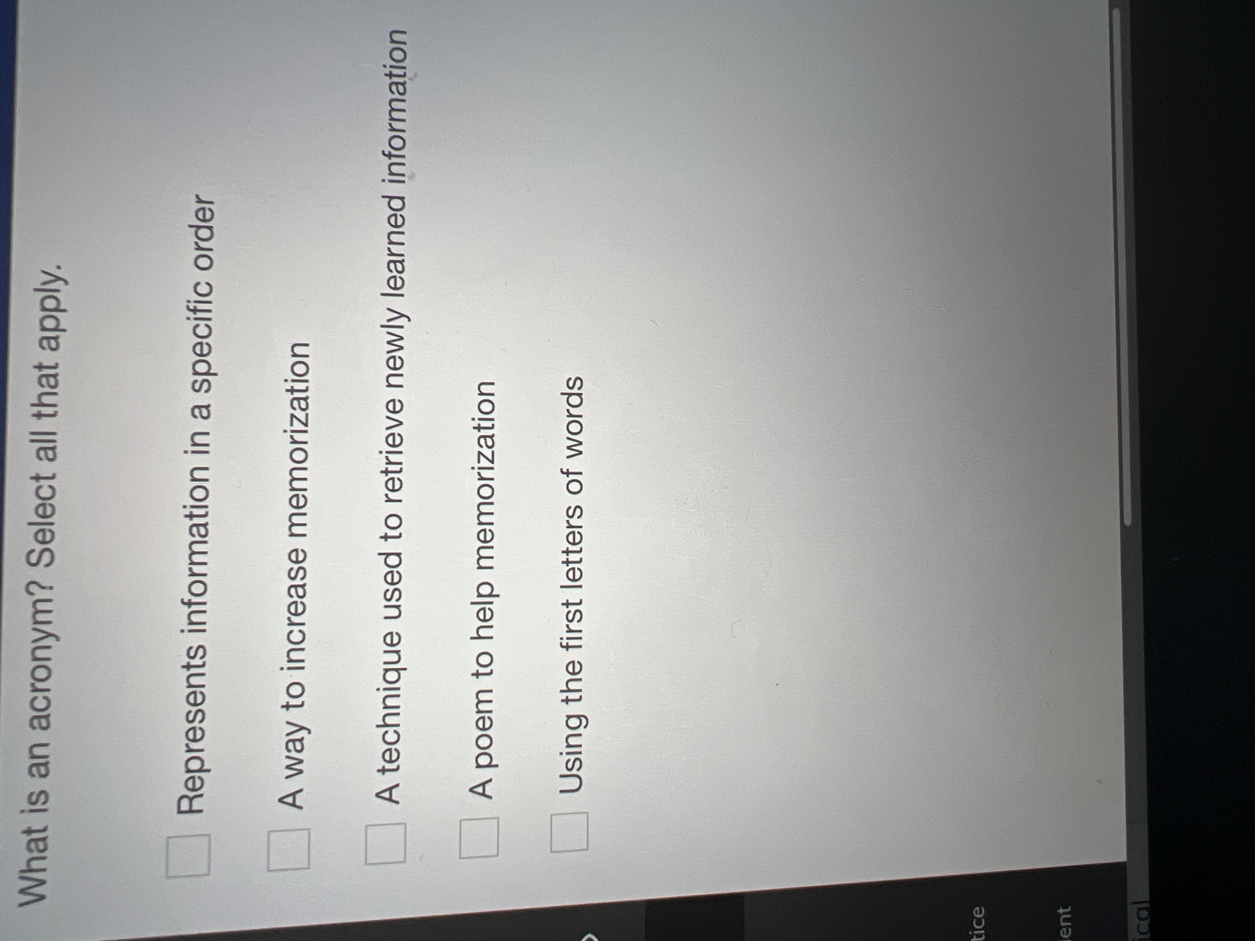 Solved What is an acronym? Select all that apply. Represents | Chegg.com