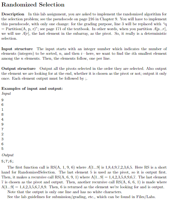 Solved Randomized Selection Description In this lab | Chegg.com
