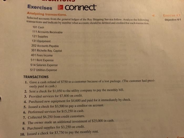 Solved Exercises Connect Analyzing transactions. Selected | Chegg.com
