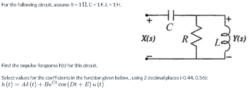 Solved For the following circuit, assume R=1Ω,C=1 F, L=1H. | Chegg.com