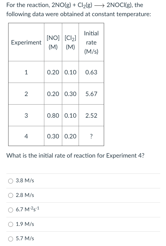 Solved For the reaction, 2NO(g) + Cl2(g) + 2NOCI(g), the | Chegg.com