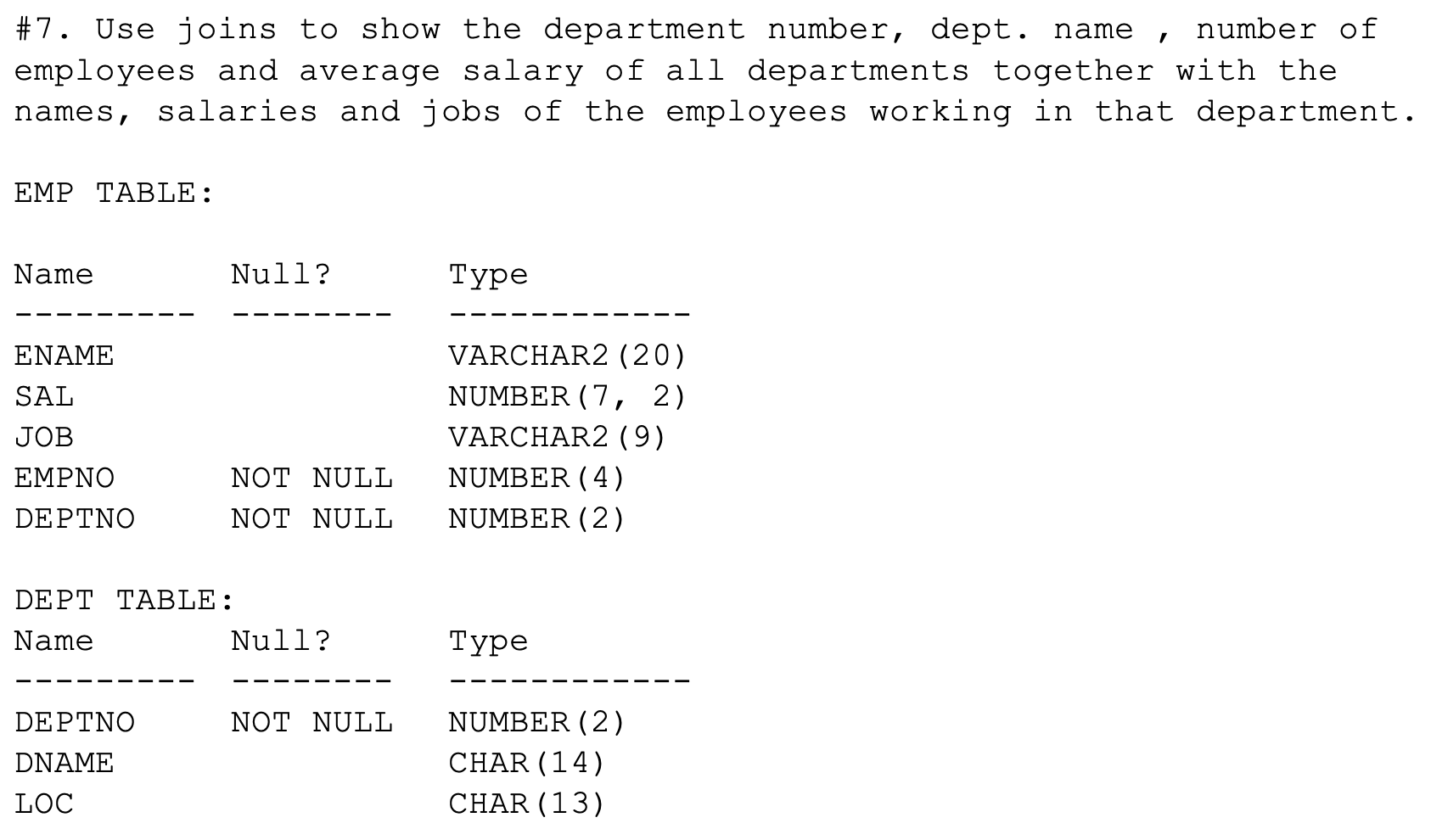 Solved #7. Use joins to show the department number, dept. | Chegg.com