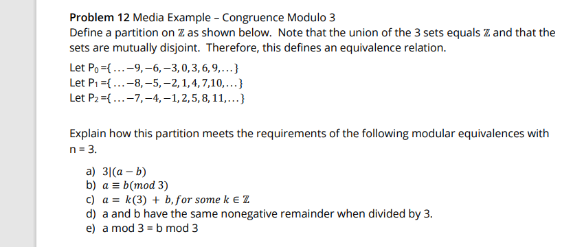 Solved Problem 12 Media Example - Congruence Modulo 3 Define | Chegg.com