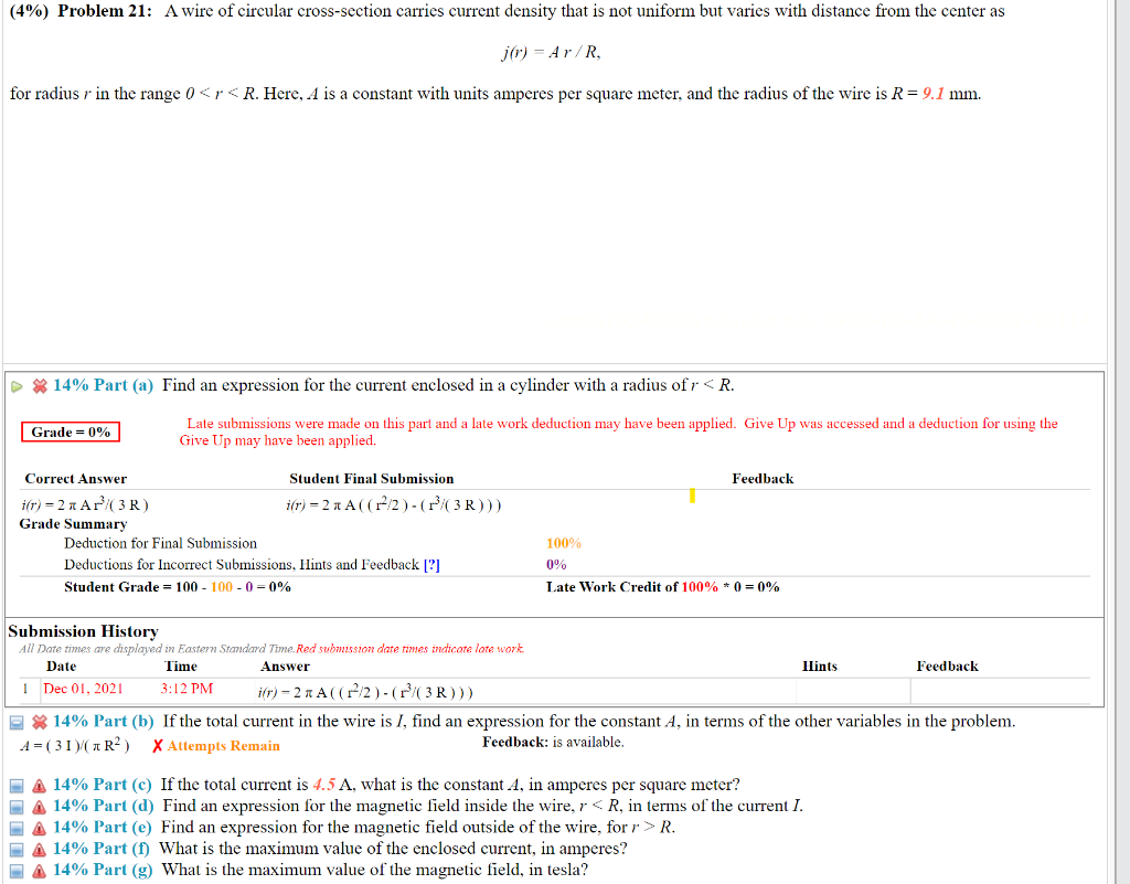 Solved (4%) Problem 21: A wire of circular cross-section | Chegg.com
