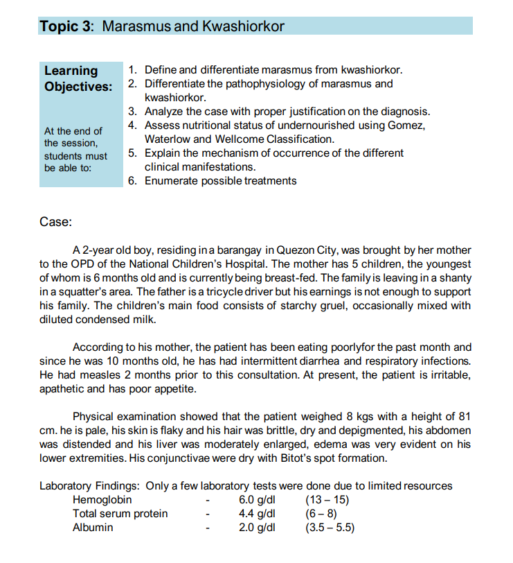 Solved Topic 3: Marasmus and Kwashiorkor Learning | Chegg.com