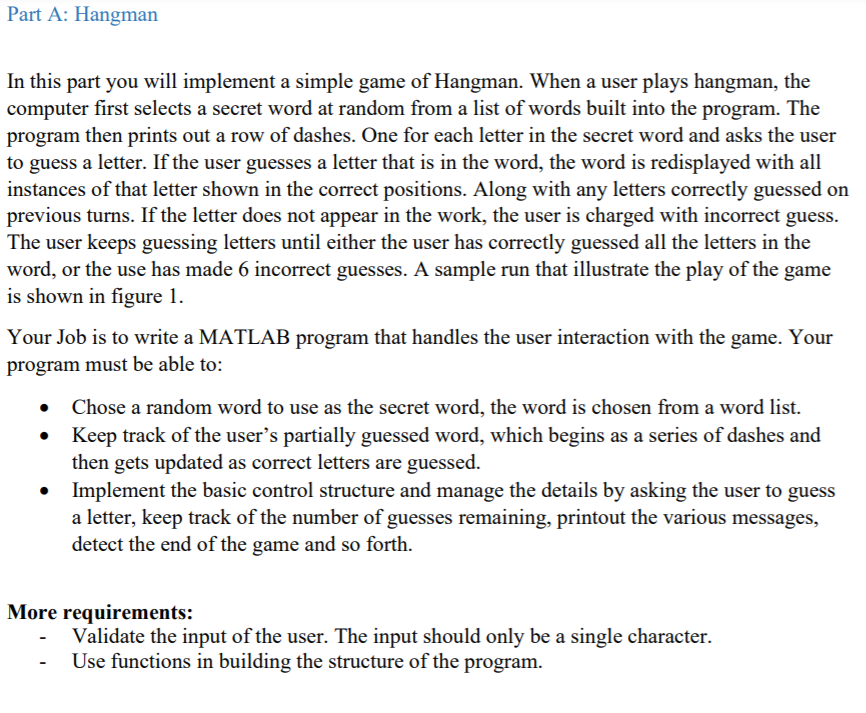 Solved Part A: Hangman In this part you will implement a | Chegg.com