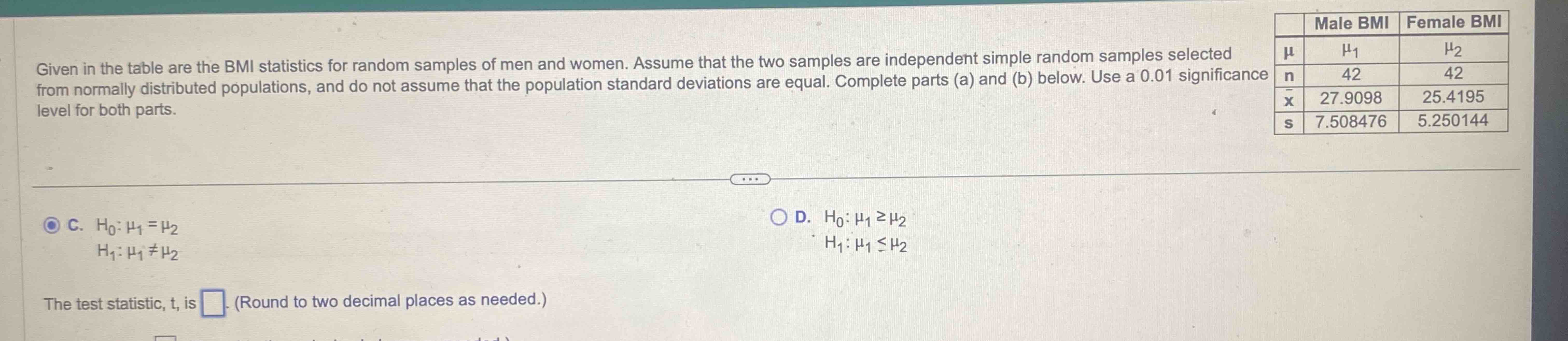 Given in the table are the BMI statistics for random | Chegg.com