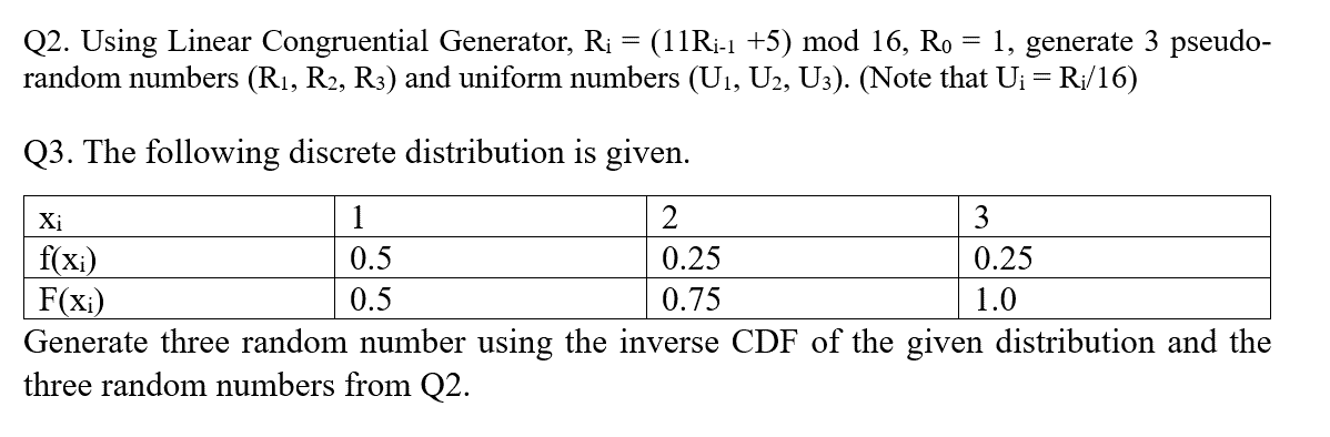 Solved Q2. Using Linear Congruential Generator, Ri = (11Ri-1 | Chegg.com