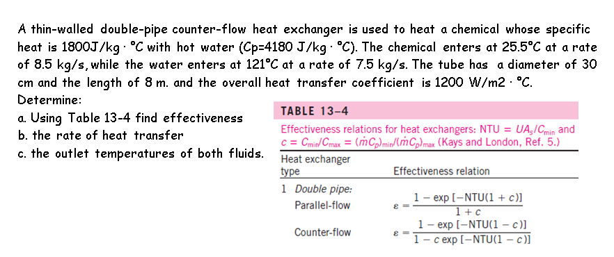 Solved A thin-walled double-pipe counter-flow heat exchanger | Chegg.com
