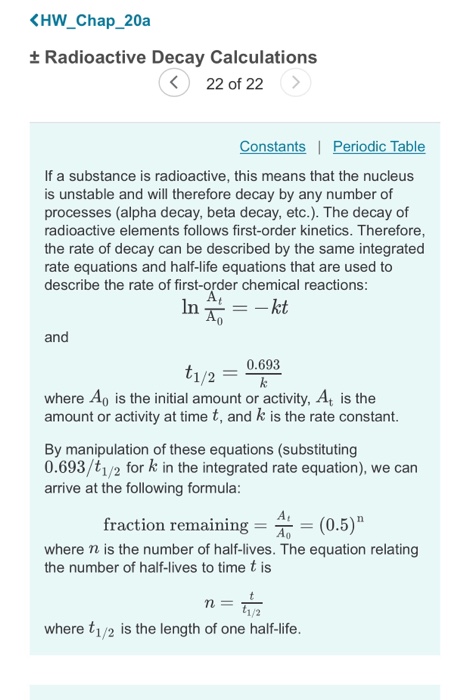 Solved HW_Chap_20a t Radioactive Decay Calculations 22 of 22 | Chegg.com