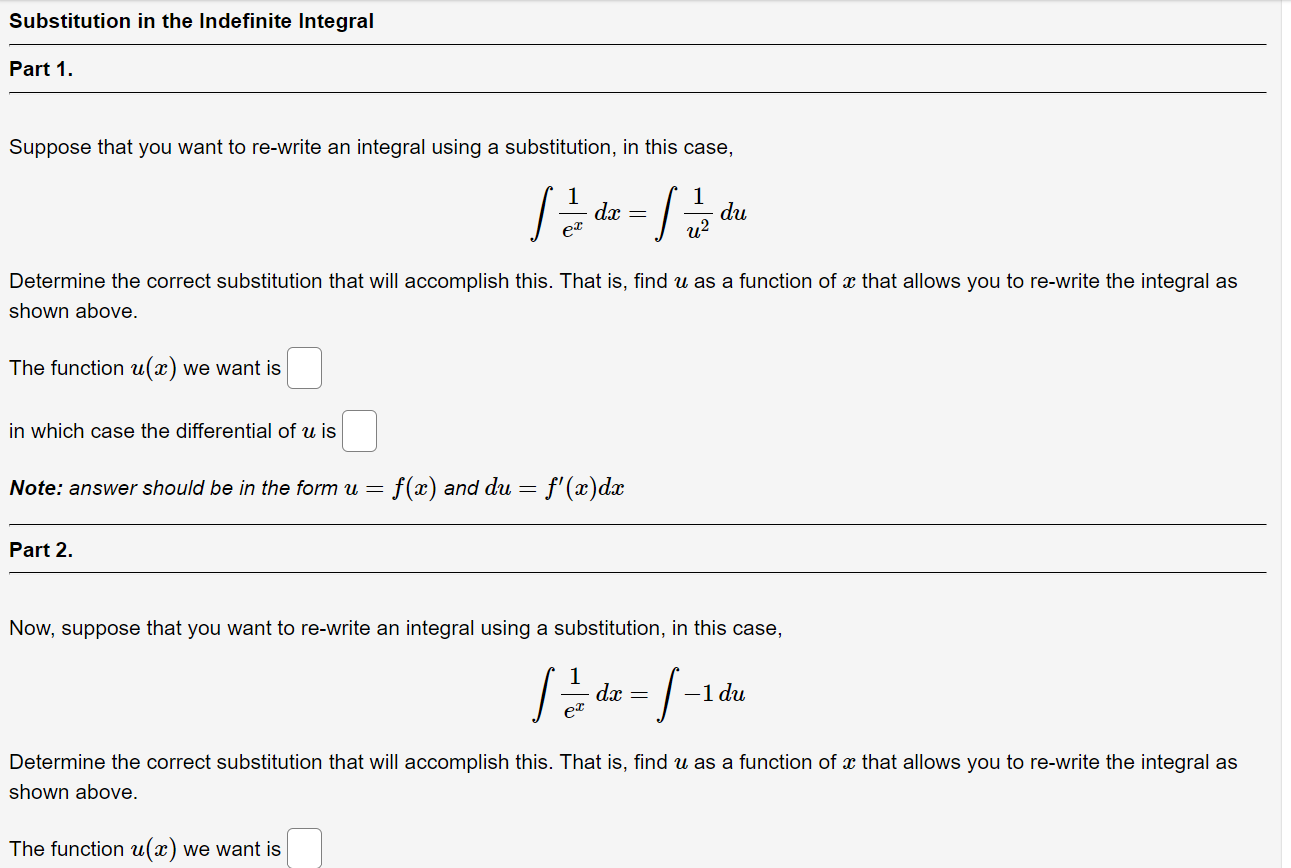 Solved Substitution in the Indefinite Integral Part 1. | Chegg.com