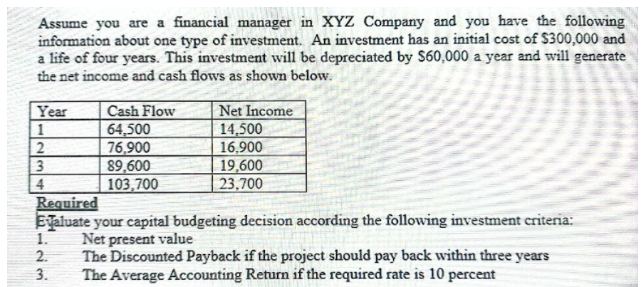 Solved Assume you are a financial manager in XYZ Company and | Chegg.com