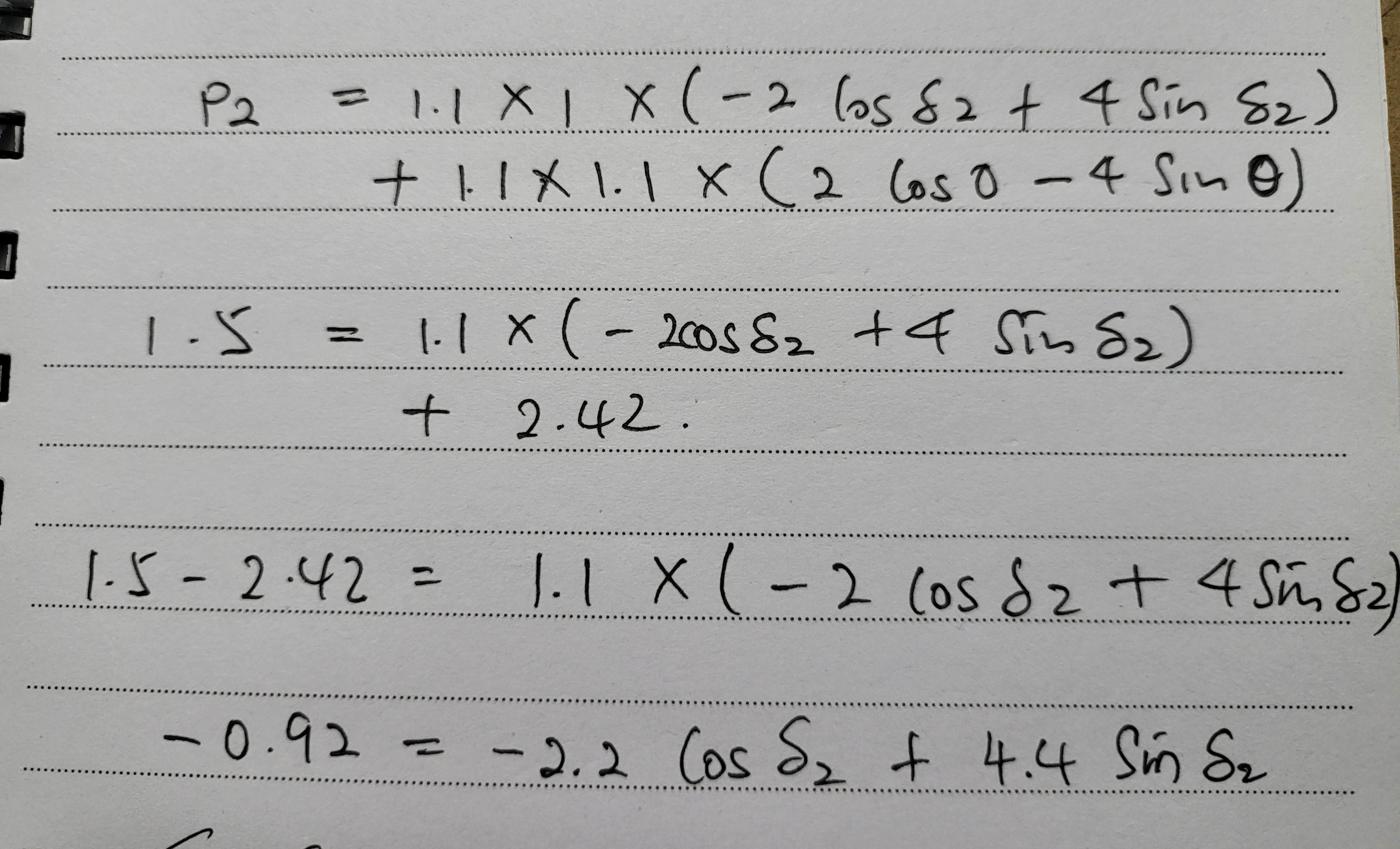 Solved P2=1.5=1.5−2.42=−0.92=1.1×1×(−2cosδ2+4sinδ2)+1.1×1.1× | Chegg.com