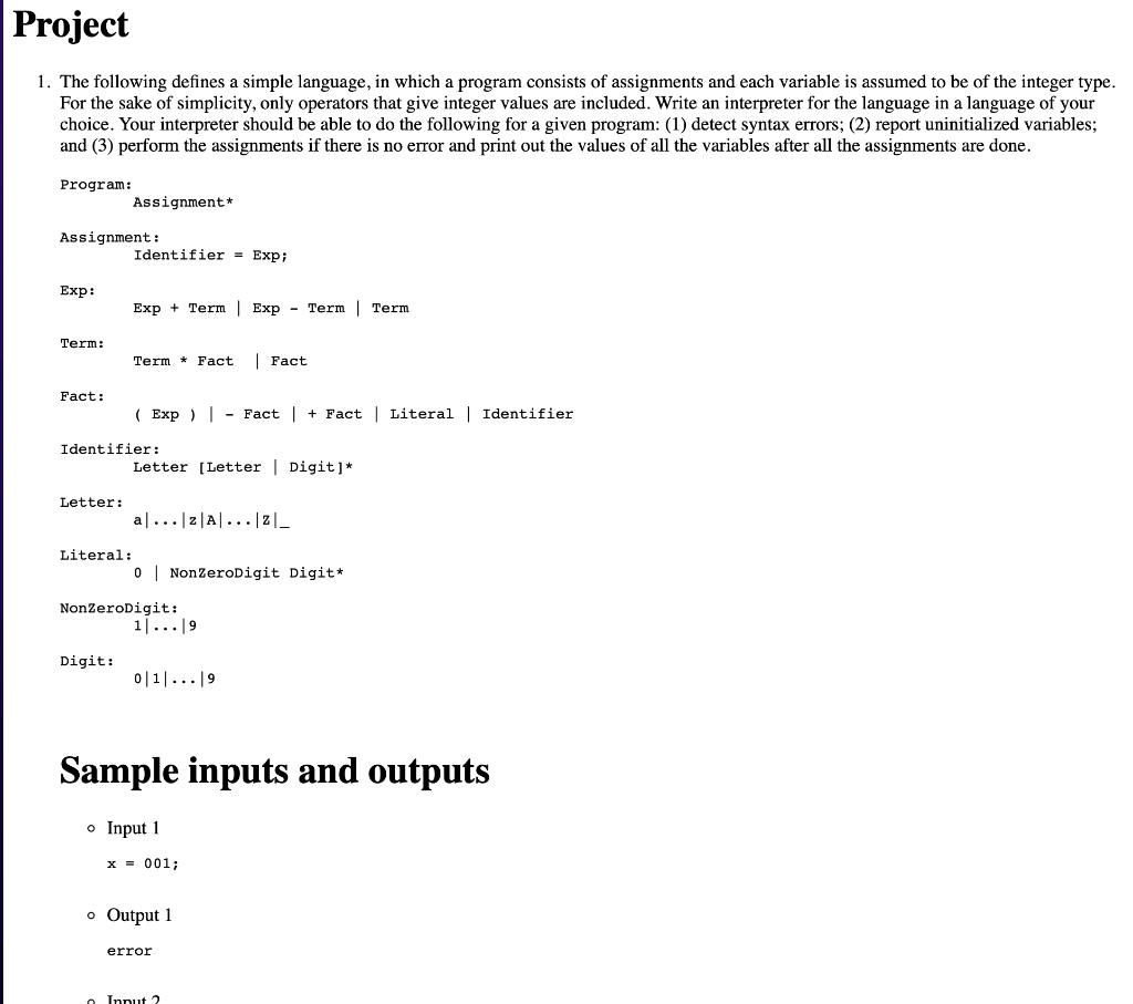 Solved roject 1. The following defines a simple language, in | Chegg.com