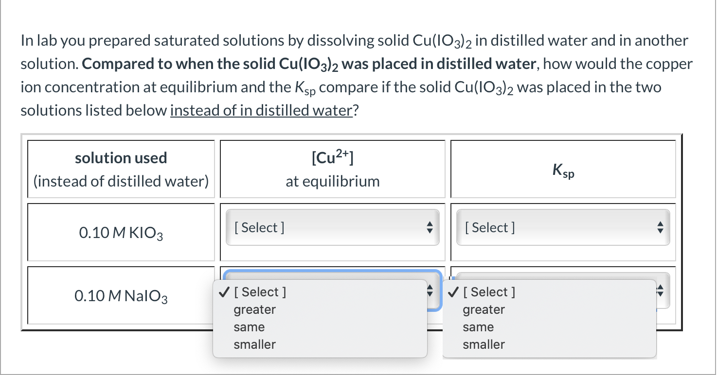Solved In lab you prepared saturated solutions by dissolving | Chegg.com