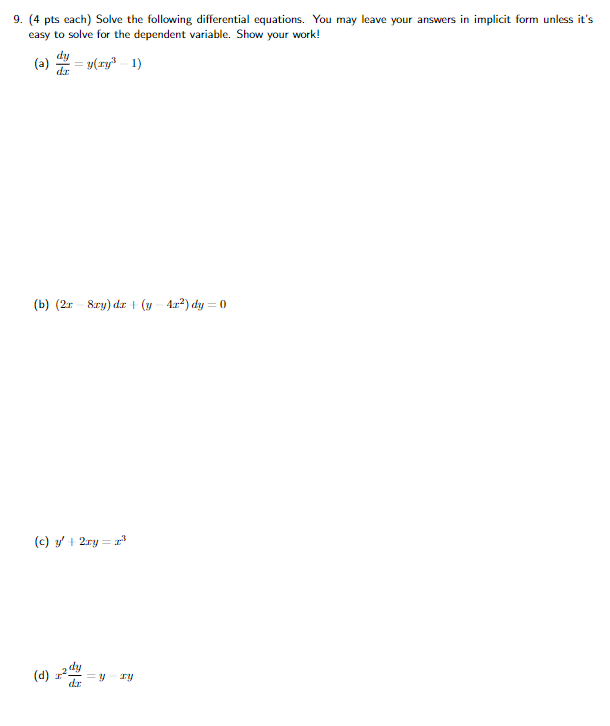 Solved (4 ﻿pts each) ﻿Solve the following differential | Chegg.com