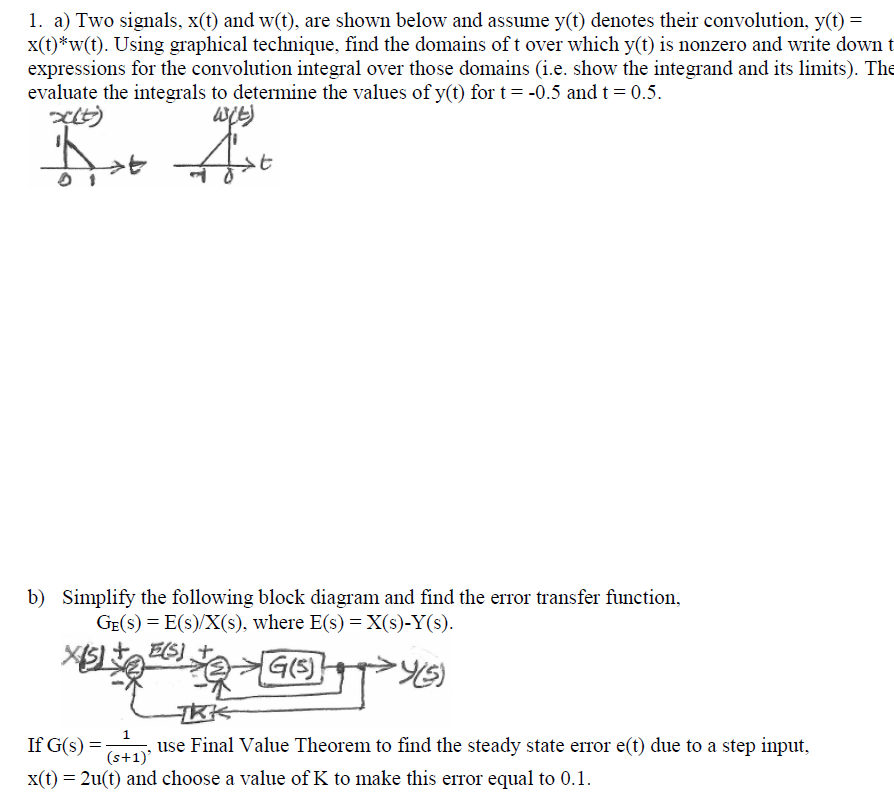 Solved 1. a) Two signals, x(t) and w(t), are shown below and | Chegg.com