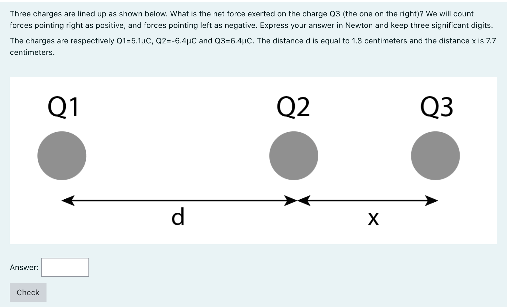Solved Three charges are lined up as shown below. What is | Chegg.com