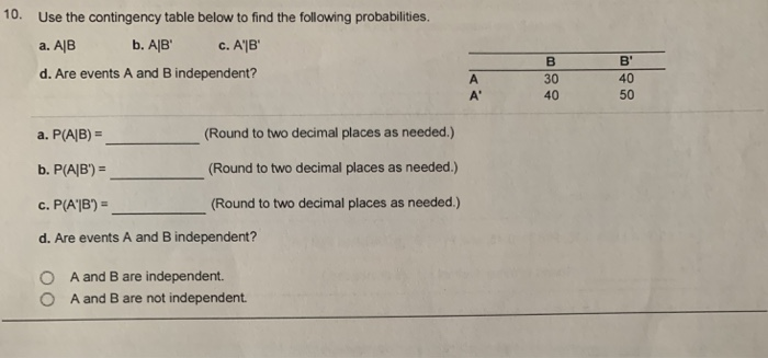 Solved 10. Use the contingency table below to find the | Chegg.com