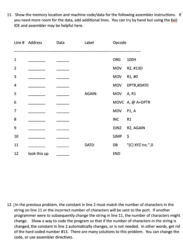 Solved 11. Show the memory location and machine code/data | Chegg.com